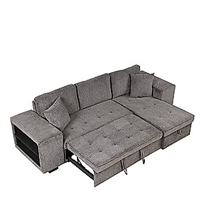Merax 104" L-Shape 3 Seat Reversible Sectional Sofa Couch with Pull Out Bed, Sleeper Sofa with Storage Chaise and 2 Stools for Living Room Furniture Set
