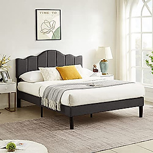 VECELO Upholstered Full Size Platform Bed /Mattress Foundation with Height Adjustable Headboard, No Boxing Spring Needed, Metal Frame/Strong Wooden Slat Support
