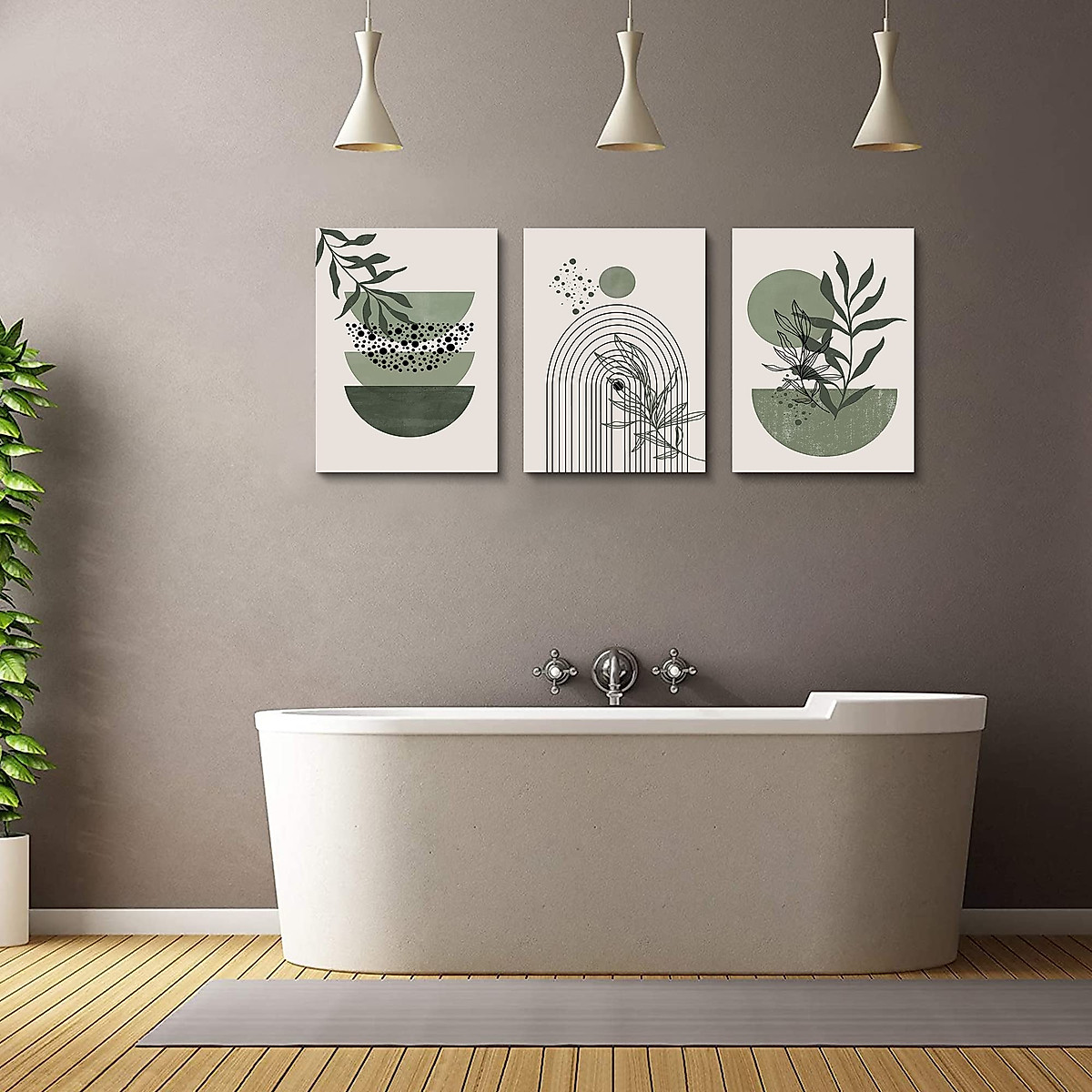 Sage Green Wall Posters & Prints, Green Boho Wall Art Set of 3, Minimalist Framed Wall Art Geometric Line Leaf Sun Moon Beige Green Canvas Artwork Paintings