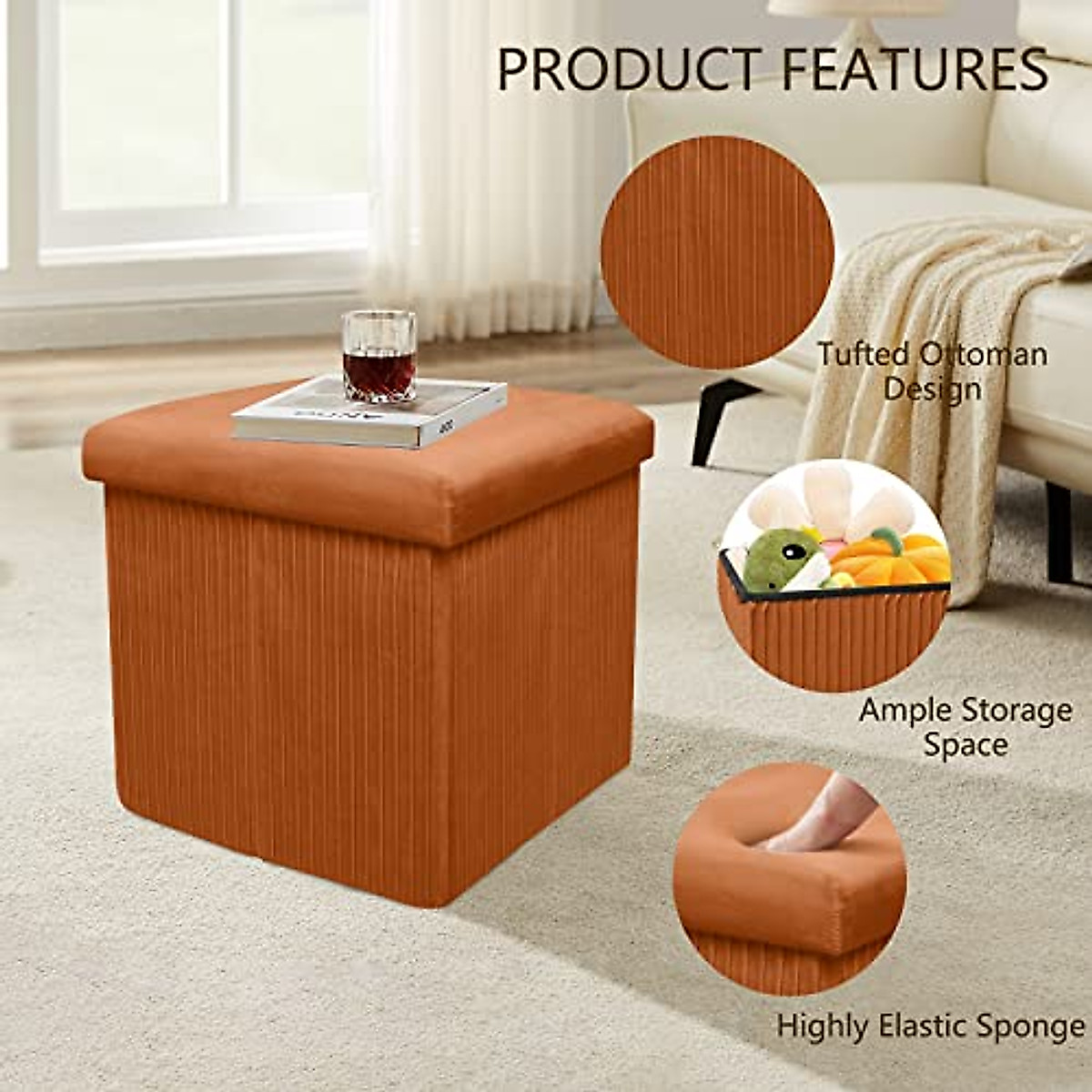 ACEHOME Storage Ottoman Cube, Small Ottoman with Storage, 12 Inch Velvet Tufted Folding Square Storage Ottoman, Small Footstool Rest Padded Seat, Orange