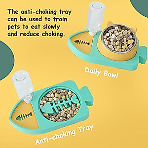Pet Bowl Food and Water Two in One Feeder Anti-Choking Stainless Steel Dog Cat Bowl Kit Removable Automatic Water Refill No Spill Dripless Water Bottle Feeding Bowl (Blue)