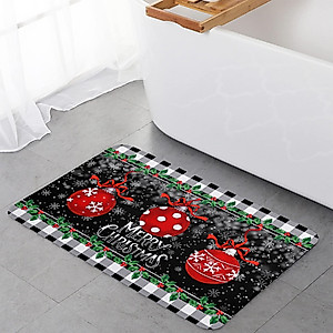 Kitchen Mat Rug Set of 2 Christmas Red Ball Winter Snow Black Buffalo Plaid Runner Rug Anti-Fatigue Comfort Memory Foam Standing Mat Non-Slip Floor Door Mat for Bathroom Bedroom 18x30in+18x60in