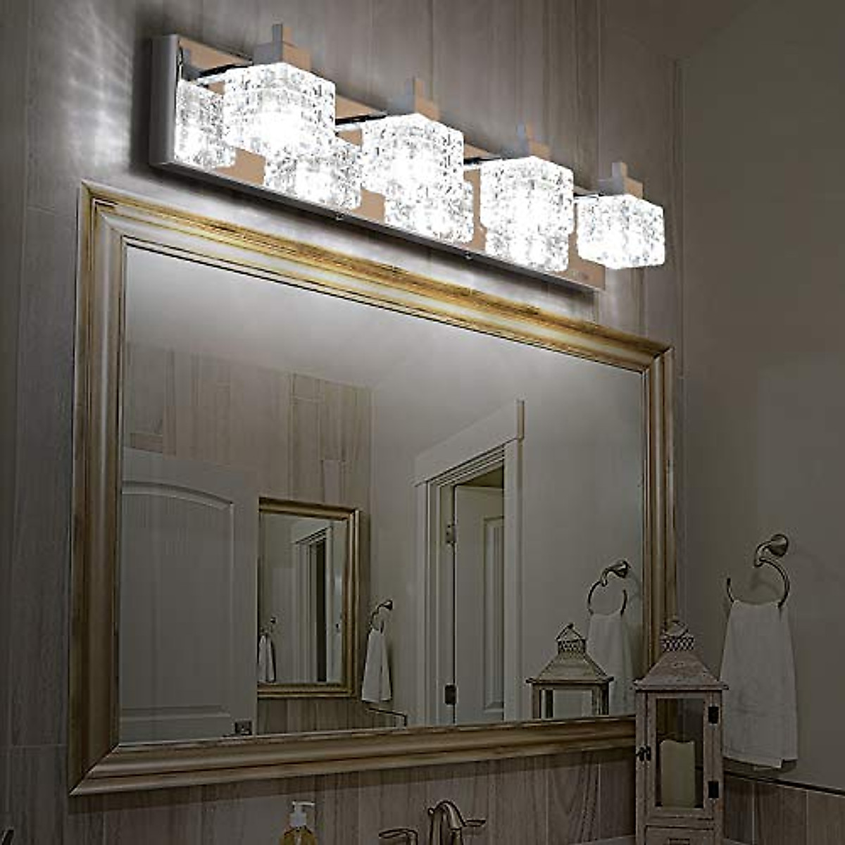 TRLIFE Bathroom Vanity Light Fixtures, 26inches Crystal Vanity Light Fixture Modern Bathroom Lights Over Mirror 4 Lights Vanity Light for Bathroom