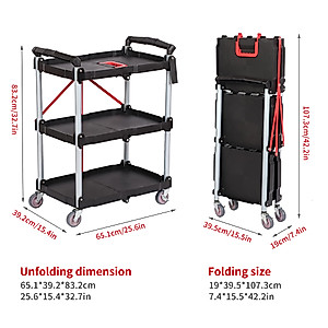 lesolar Portable Folding Service Cart - 3 Tier 150LBS Capacity - Rolling Cart Utility Cart Foldable Cart with Wheels for Warehouse Home, Black
