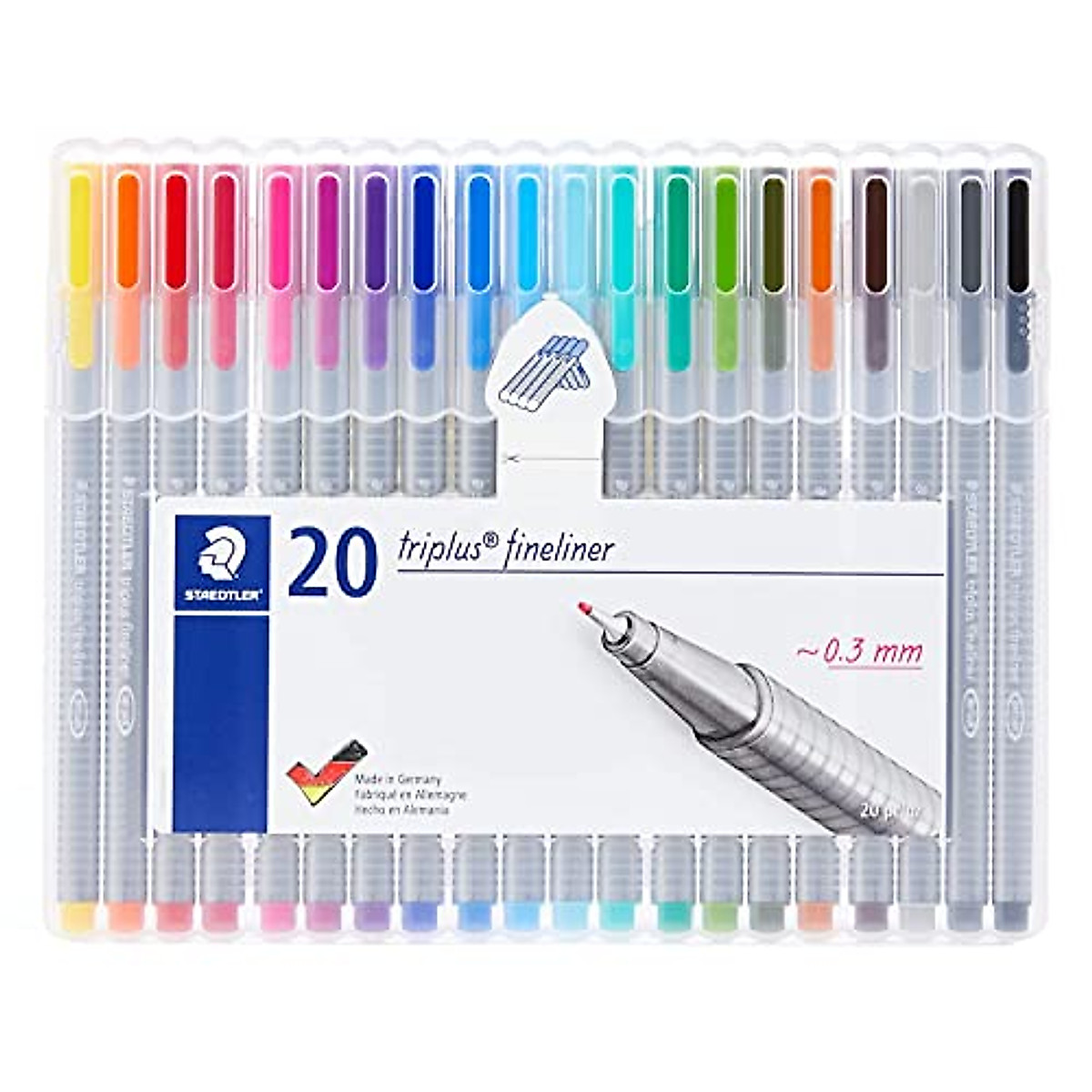 STAEDTLER triplus fineliner, 0.3mm metal-clad tip, ergonomic triangular barrel, for writing, drawing and coloring, set of 20 fineliners, 334 SB20