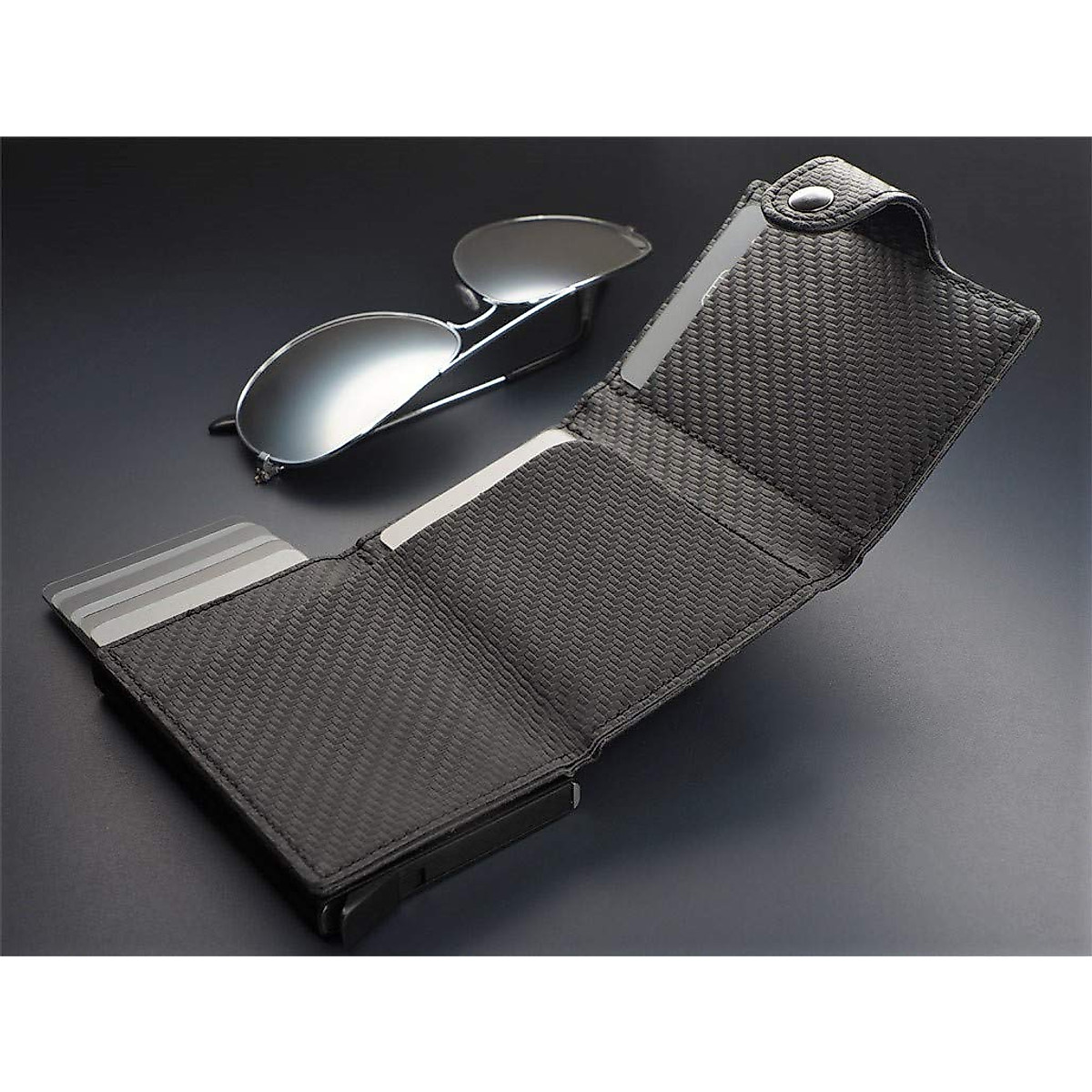 PULARYS Mini Wallet CARBON - Card Case Made of Carbon Eco-Leather - RFID blocking - Size: 7.5 x 9.5 x 2.5 cm - Space for up to 9 Cards - One Note Compartment Secured with Snap Closure