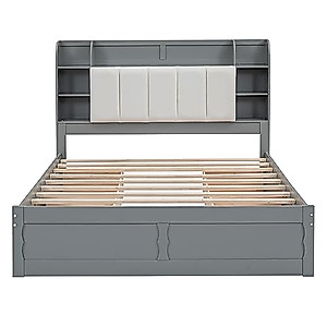 Rhomtree Queen Size Platform Bed, Storage Bed with Storage Headboard, Shelves and 4 Drawer, Wood Bed Frame, Platform Bed, No Box Spring Needed, Easy Assembly(Gray, Queen)