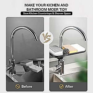 welltouring Sink Sponge Holder Faucet Storage Rack Shower Caddy for Kitchen and Bathroom Hanging Organizer Stainless Steel Dish Soap Tray (Black, Small)