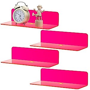 Floating Wall Shelves 9 Inch Acrylic Small Wall Shelf Hanging Shelves Adhesive Shelf Screwless Display Shelf with Cable Clips and Stickers for Bathroom, Bedroom, Office (Fluorescent Pink, 4 Pcs)