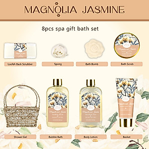 Home Spa Gift Basket, Bath Spa Kit for Women, with Body Lotion, Shower Gel, Bubble Bath, Body Scrub, Bath Salt, Bath Bomb, Bath Gift Set for Mother, Wife Her, with Magnolia and Jasmine Scent