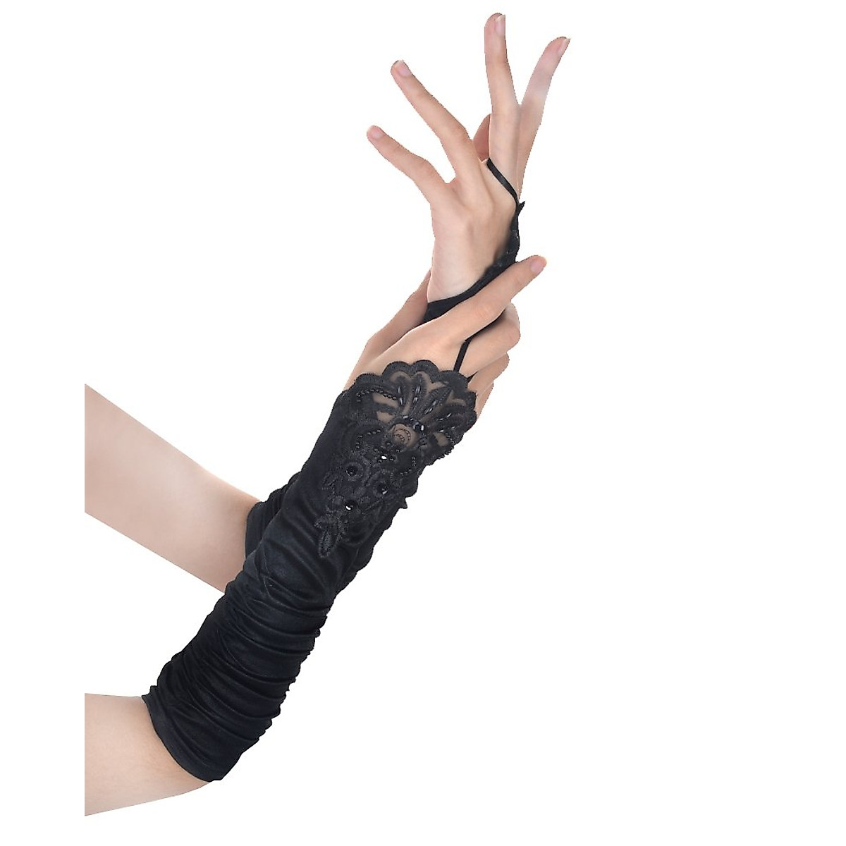 JISEN Women 20s Satin gloves Formal Bridal Banquet Party Wedding Opera Colorful Mitten Fingerless 15 Inch Black