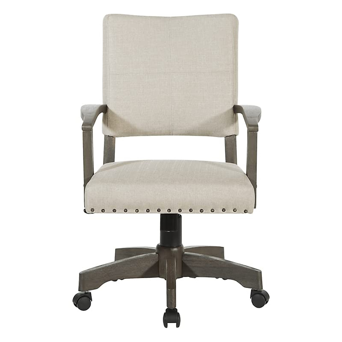 OSP Home Furnishings Santina Cushioned Banker's Desk Chair with Tailored French Seam and Nailhead Trim, Solid Wood Arms and 5-Star Base in Antique Grey Finish, Ivy Fabric