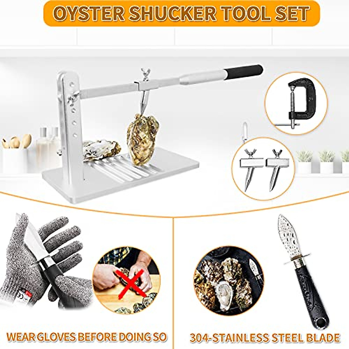 Stainless Steel Oyster Openers Two Cutter Head, All Metal Oyster Shuckers Durable Tool Set No Plastic with G-clamp, Oyster Knife, Level 5 Cut Resistant Gloves for Home Seafood Workshop Restaurant