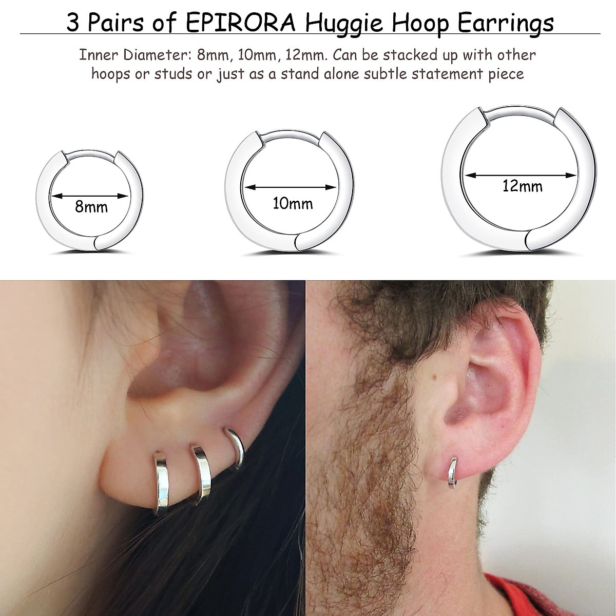 Small Cartilage Hoop Earrings for Women Men, 3 Pairs Hypoallergenic Sterling Silver Post Huggie Earrings, 8/10/12mm, Silver