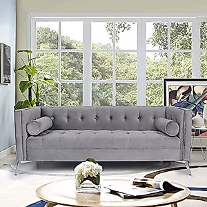 Mid-Century Velvet Chesterfield Sofa Couch, Modern Love Seats Sofa Furniture, Upholstered Button Tufted Couch with 2 Bolster Pillows for Living Room Apartment, Grey