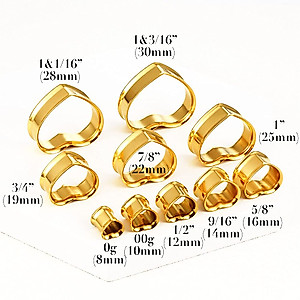 LADEMAYH 2 PCS Heart Ear Plugs Tunnels Body Piercing Basic Gauges for Women - Gold Stainless Steel 316L Pierced Hangers Earrings for Stretched Earlobe 10mm=00g