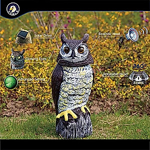 Ugold Solar Powered Owl with Detection, Silent Mode, Flashing Eyes, Rotatable Head and Realistic Hoots, Plastic Owl Decoration for Home, Garden, Patio and Fence