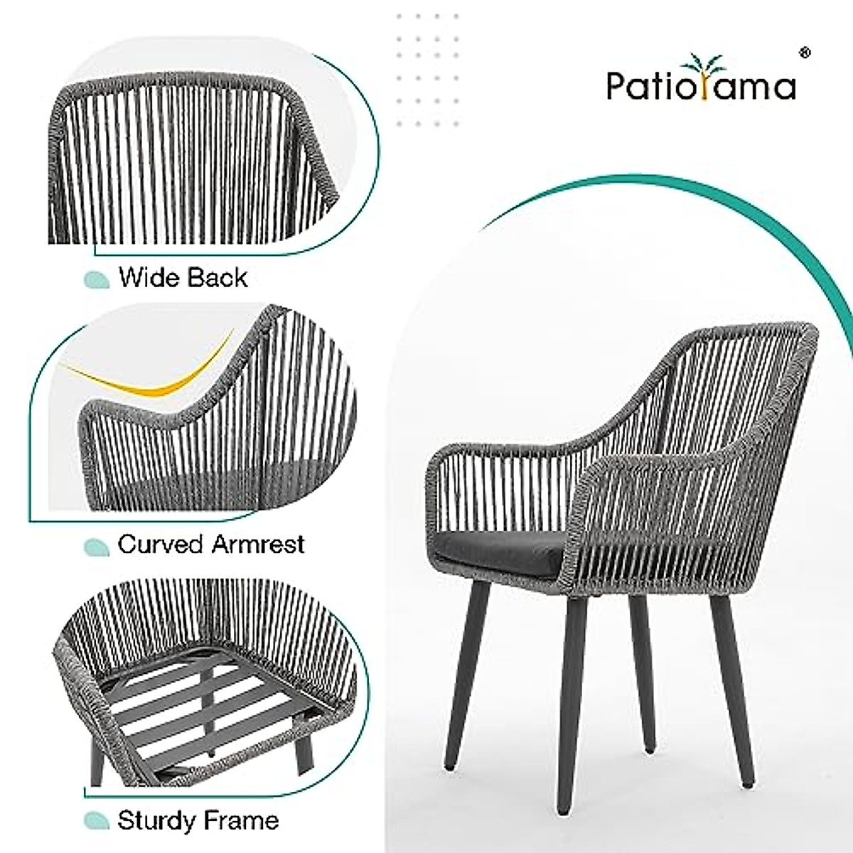 Patiorama 5-Piece Patio Dining Set, Outdoor Dining Table Chair Set, All-Weather Twisted Rattan Wicker Rope Conversation Set, Patio Furniture Set w/Umbrella Hole, 4 Cushioned Chairs&Glass Table(Gray)