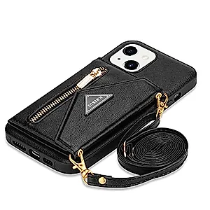 Yun Chi Crossbody Slim Wallet Cases for iPhone 13 Mini with Lanyard Strap Credit Card Holder 5.4'', PU Leather Protective Handbag Zipper Purse Kickstand Cover Women Girl (Black)