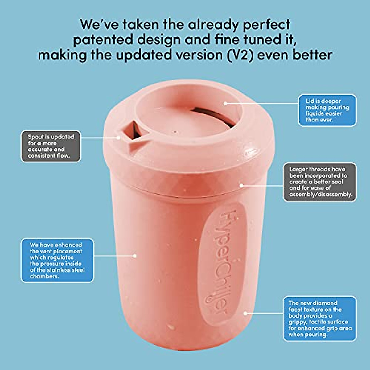 HyperChiller HC2RG Patented Iced Coffee/Beverage Cooler, NEW, IMPROVED,STRONGER AND MORE DURABLE! Ready in One Minute, Reusable for Iced Tea, Wine, Spirits, Alcohol, Juice, 12.5 Oz, Rose Gold