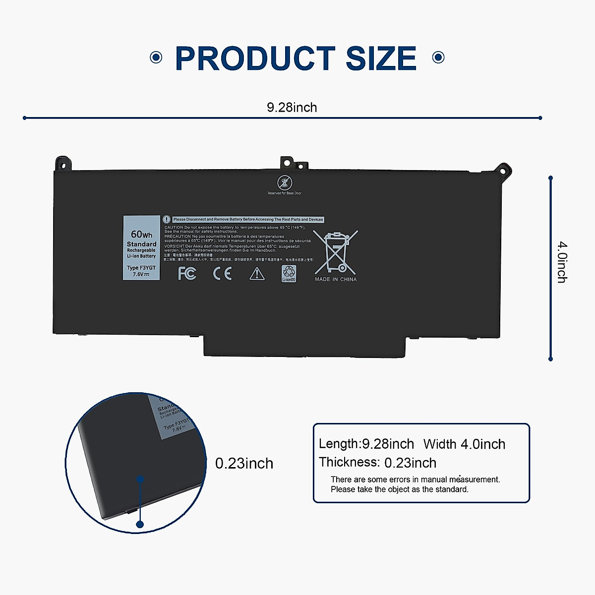 60Wh F3YGT Laptop Battery Replacement for Dell Latitude 7480 7280 7490 E7480 E7280 E7490 7380 7390 7290 E7390 E7290 E7380 12 13 14 7000, DM3WC F3YGT-1 KG7VF 2X39G V4940 451-BBYE 453-BBCF 0DM3WC 0F3YGT