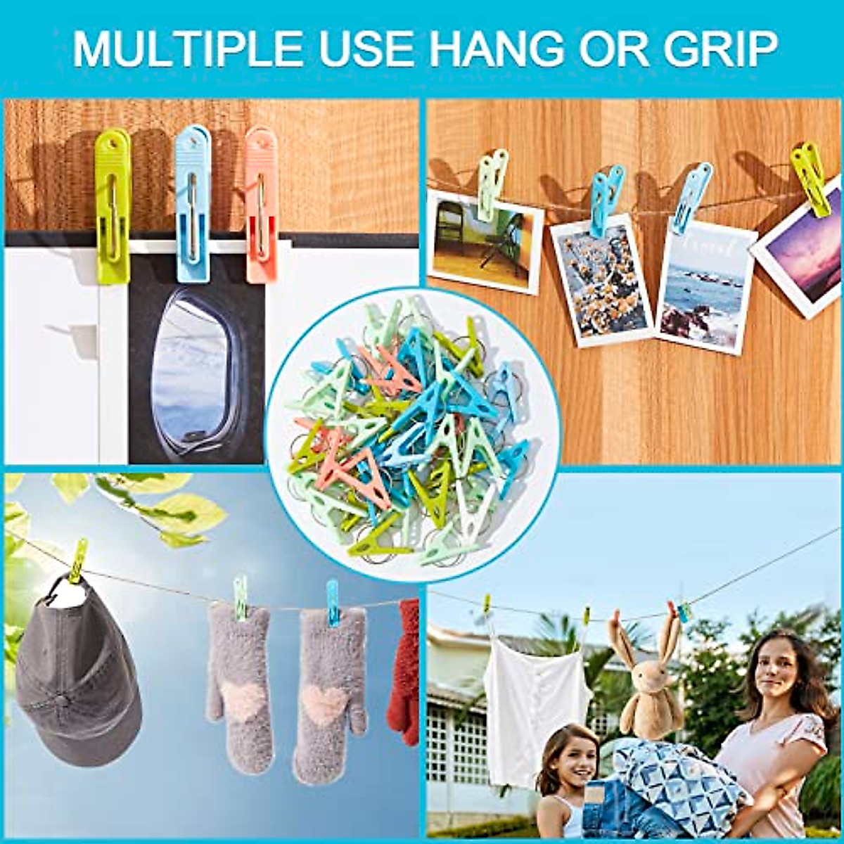 Jophaiipy Plastic Clothes Pins Heavy Duty Outdoor,Colored Clothes Pins with Mesh Clothespin Bag,50-Pack Clothes Pins and Bag Heavy Duty for Laundry Clips