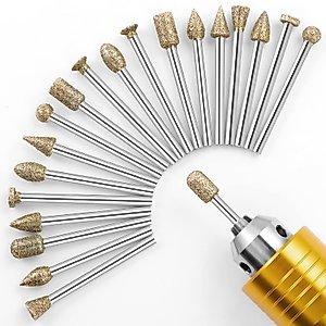 Diamond Grinding Burr Bit Set，20Pcs Rotary Tool Accessories Stone Carving Set with 1/8 inch Shank for Stone Ceramic Glass Carving, Grinding, Polishing, Engraving, Sanding