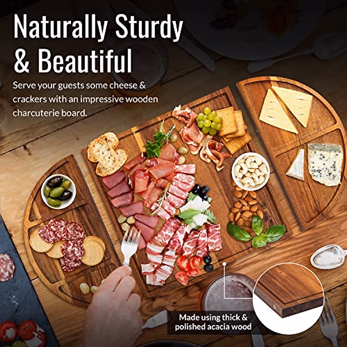 Synergy Loop Large Charcuterie Board & Cheese Board - 3 Part Unique Long & Round Magnetic Set - Acacia Wood Grazing Board - Extra Large Wooden Serving Board Platter - 26x13