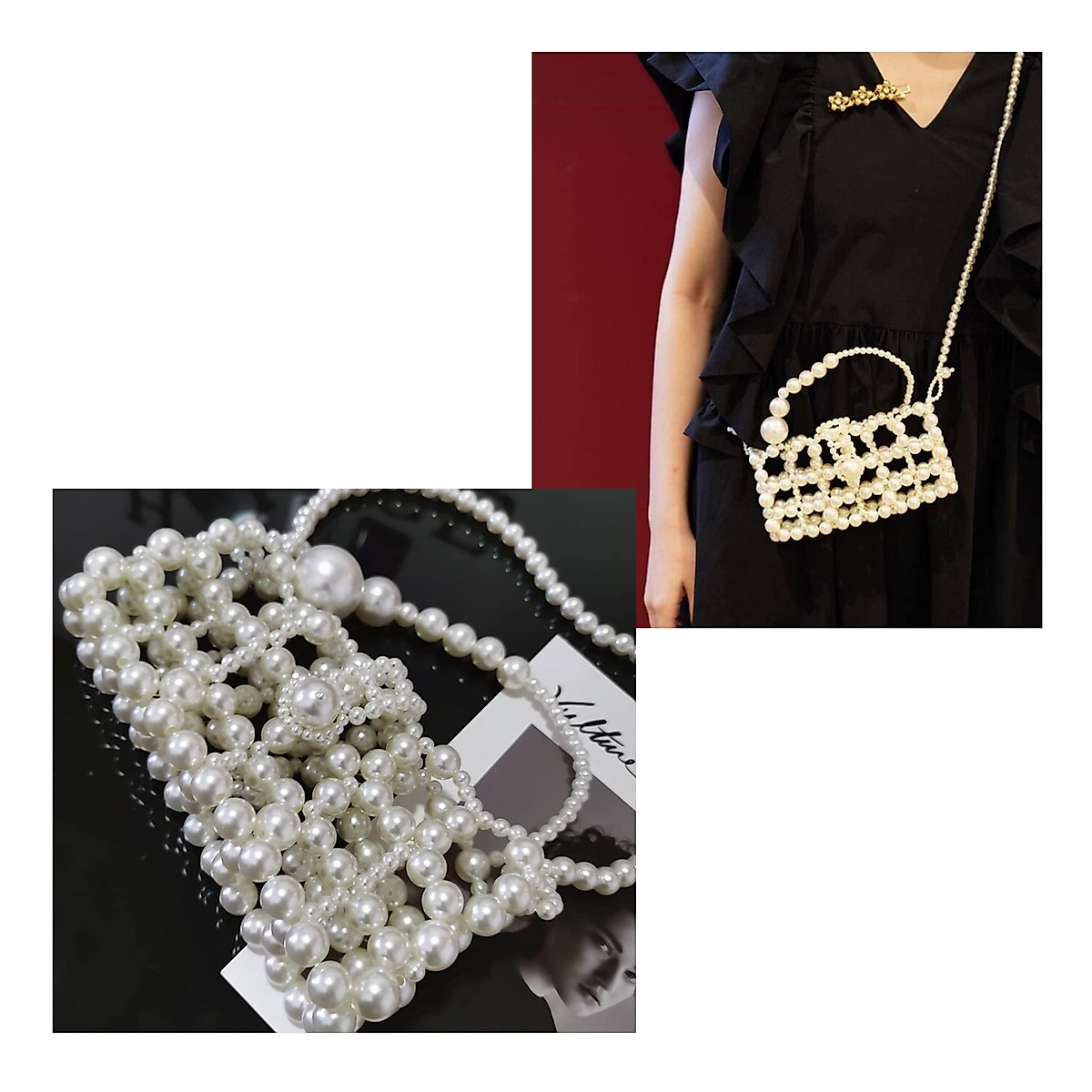 YUSHINY Women Acrylic Pearl Beaded Handmade Crossbody Hollow Evening Cellphone Bag