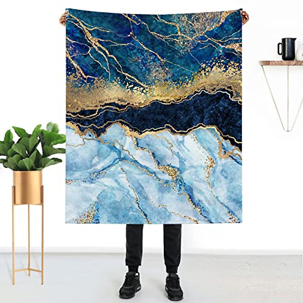 Abstract Marble Blanket 60" x 80" Blue and White Gold Luxury Granite Super Soft Bedding Fleece Throw Blanket Microfiber Flannel Blankets Bedroom Living Room Warm Lightweight for Kids Adults