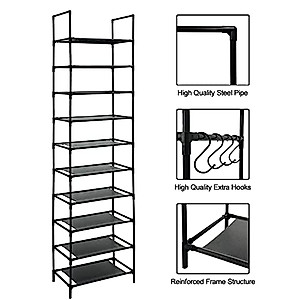 Wehiyo Free Standing Shoe Rack for Closet 10 Tiers Shoe Organizer Shoe Cabinet for Entryway 20-24 Pairs Boots and Shoes Organizer Closet Organizer and Storage Metal Stackable Shoe Shelf with Hooks