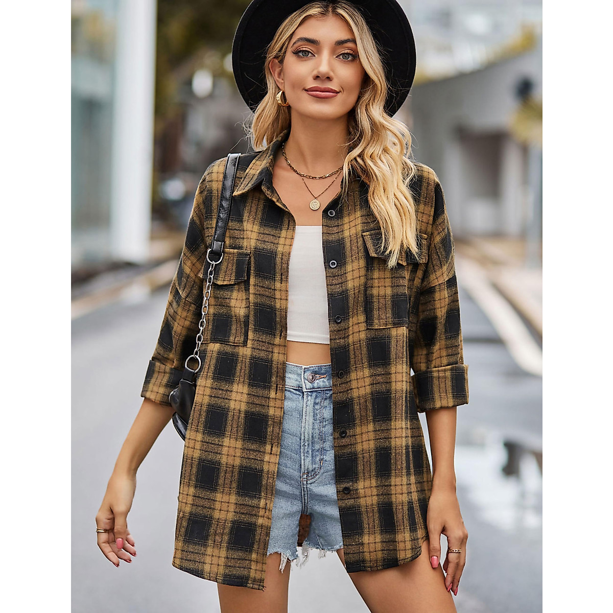 Zontroldy Womens Flannel Plaid Shirts Oversized Lightweight Buffalo Plaid Button Down Shirt Blouse Tops (0355-02Brown-S)