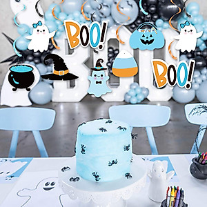 Blue Halloween Baby Shower Party Hanging Swirl Decor, Cute Ghost Cauldron Ceiling Hanging Streamer for Boy Halloween Theme Little Boo Happy Boo Day Spooky One A Little Boo is Almost Due Party Supplies