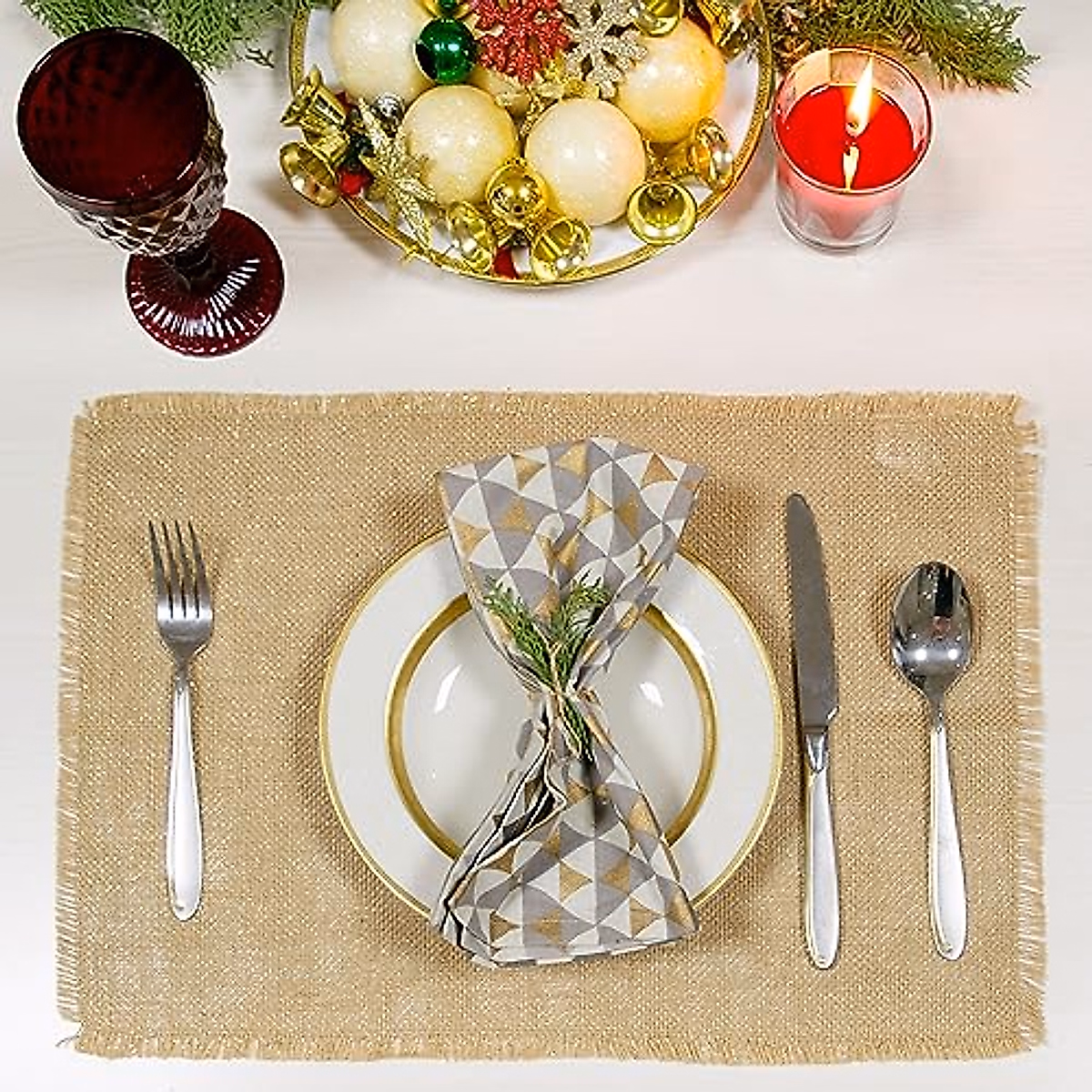 CHARDIN HOME Jute Burlap Placemats, Set of 4 Festive Table mats | 13''x19'' Natural Jute with Gold Lurex | Perfect for Weddings, Holidays, Birthdays, Occasions or Everyday