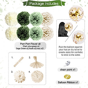 Sage Green Birthday Decorations Olive Green Happy Birthday Party Decorations Nude Retro Green Gold Balloon Banner Paper Pom Poms Greenery Neutral Rustic Décor Supplies Baby Girls Women