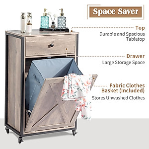 Karl home Tilt Out Trash Can Cabinet for Kitchen, Tilt Out Laundry Hamper Cabinet with Drawers and Lockable Wheels, Bathroom Laundry Cabinet with 10 Gallon Dirty Clothes Basket, Grey