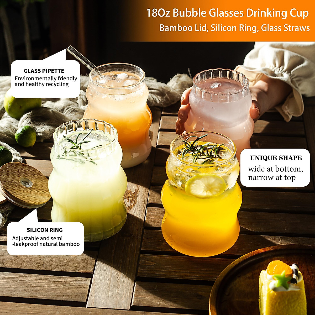 4 Pcs Ribbed Glass Cups With Straws With Lids Set, Water Glasses Set, 18Oz Vintage Drinking Glassware With Wave Shape Design, Bubble Cups for Iced Coffee, Beverage, Milk, Cocktails (18 OZ -A)