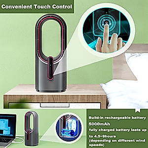 Misby Desk Fan, Rechargeable Battery Powered or USB-Powered Bladeless Fan,11.8 Inch Portable Fan, 3 Speeds Table Fan, Touch Control, Grey Low Power Cooling Fans for Bedroom, Home, Office