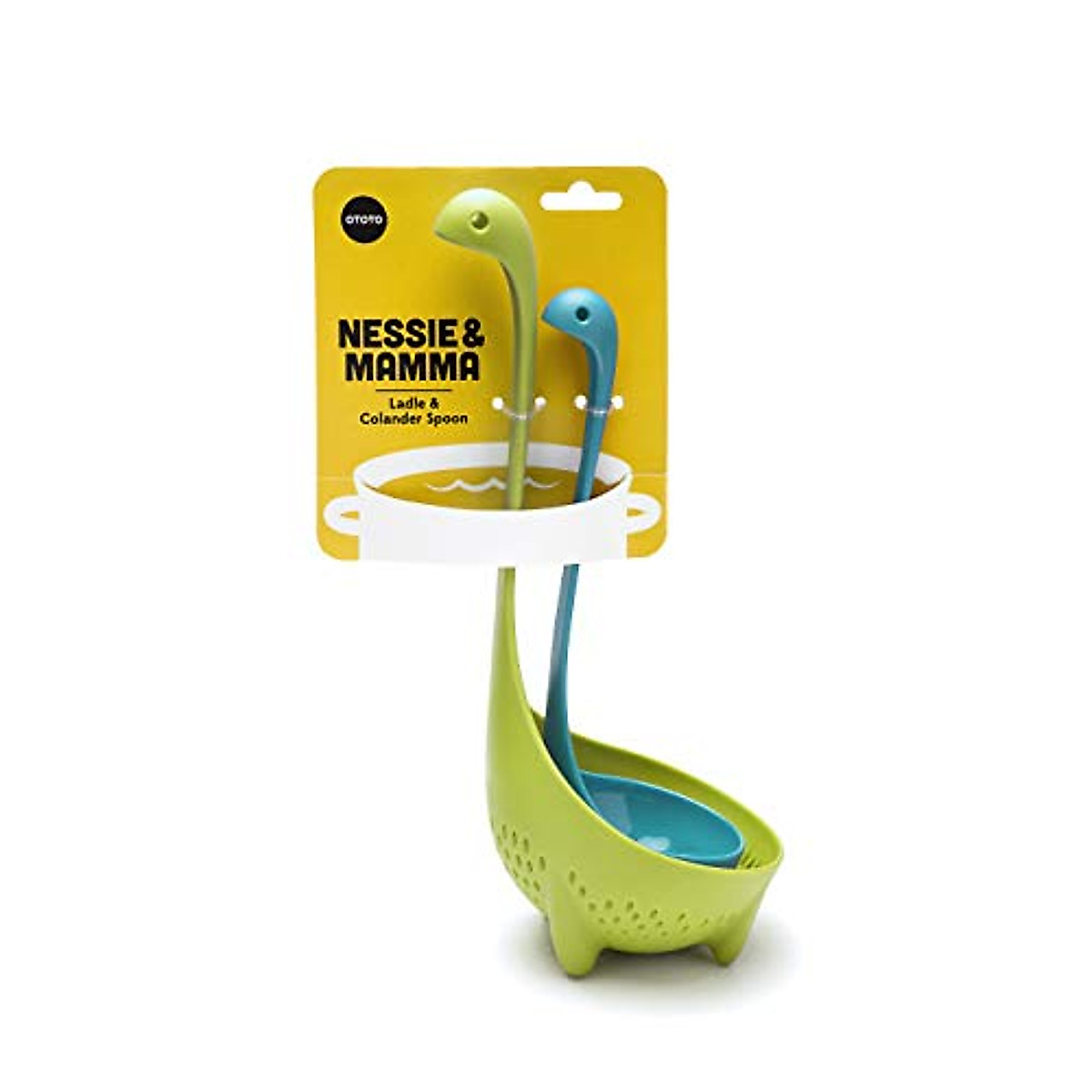 OTOTO Turquoise Nessie Ladle & Green Mama Nessie Colander Value Pack - Special Edition Soup Ladle & Colander Set - Ladles for Cooking - Kitchen Colander for Pasta - Dishwasher Safe & BPA free Ladle