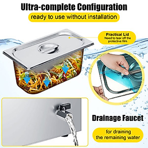 Electric Commercial Food Warmer 110V Buffet Food Warmer Stainless Steel Electric Countertop Steamer with Temperature Control, Tap and Lid for Catering Restaurant Parties (3 Pan)