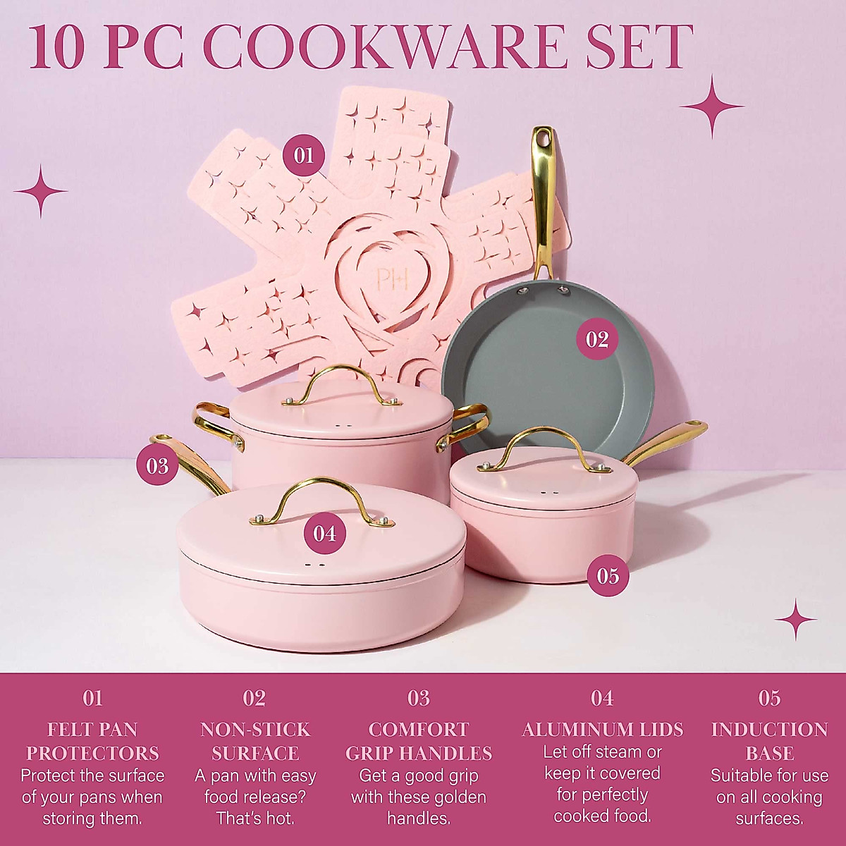 Paris Hilton 10-Piece Pink Cookware Set + 7-Piece Pink Kitchen Tool Set