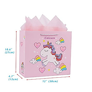 Lyforpyton Large Gift Bags with Tissue Paper 12"x4.7"x10.6" Pink Unicorn Gift Bags for Kids Birthday Party, Baby Shower