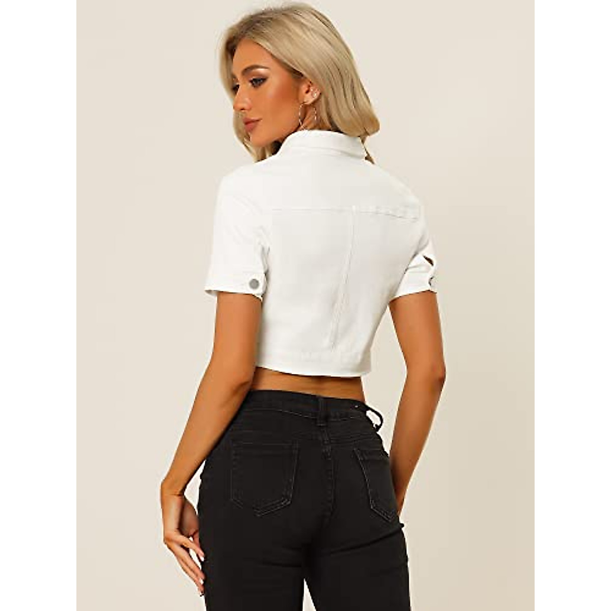 Allegra K Casual Jacket for Women's Short Sleeves Crop Jean Denim Jacket Small White