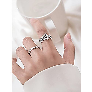 Vintage Plumeria Flower 925 Silver Plated Open Band Ring for Women Statement Adjustable Expandable Daisy Knuckle Finger Rings Comfort Fit Oxidized Retro Birthday Jewelry Gift