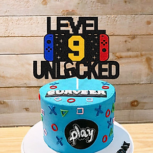 Level 9th Unlocked Sign Cake Topper Happy 9th Birthday Level Up Tenth Cake Decorations for Video Game Controller Themed Kids Boy Girl Bday Party Supplies Double Sided