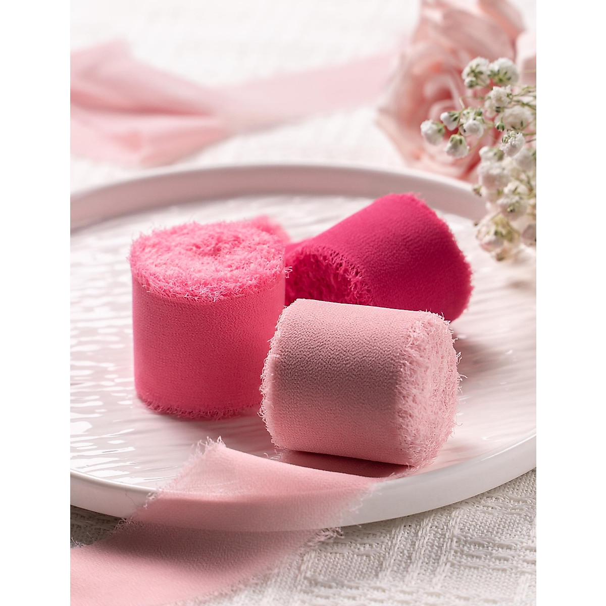 Sifleur Chiffon Ribbon, Hot Pink Pastel Pink 1.5''x21Yd Frayed Fringe Silk Ribbon for Gift Wrapping, Handmade Ribbons for Floral Vase, Halloween, Wedding, Birthday, Engagement, Bridal Shower, 3 Rolls