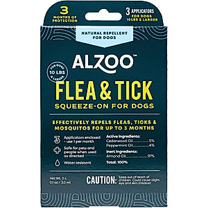 ALZOO Flea & Tick Squeeze-On for Dogs, Helps Repel Fleas, Ticks & Mosquitos, Up to 3-Months Protection, 100% Plant-Based Active Ingredients, Water-Resistant, 3 EZ-On Applicators Per Pack