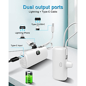 Aimenzunto Small Portable Charger, 5000mAh Lightning & USB C Dual Output Power Bank, LED Display Battery Pack Fast Charging for iPhone 14/13/12/11 Samsung S22/S21 Google Pixel Moto LG and More, White