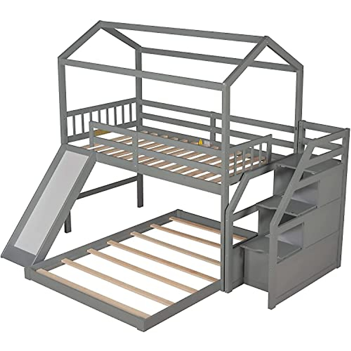 DNYN Stairway Twin Over Full Bunk Bed with Slide and Storage Staircase for Kids Bedroom,House Shaped Wooden Bedframe w/Full-Length Guardrails,No Box Spring Needed, Gray