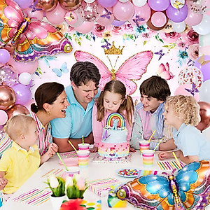 Winrayk Butterfly Birthday Party Decorations Girls Women, Pink Purple Butterfly Balloons Arch & Backdrop Tablecloth Butterfly Wall Decor Foil Balloons, Fairy Butterfly Theme Party Decorations Supplies